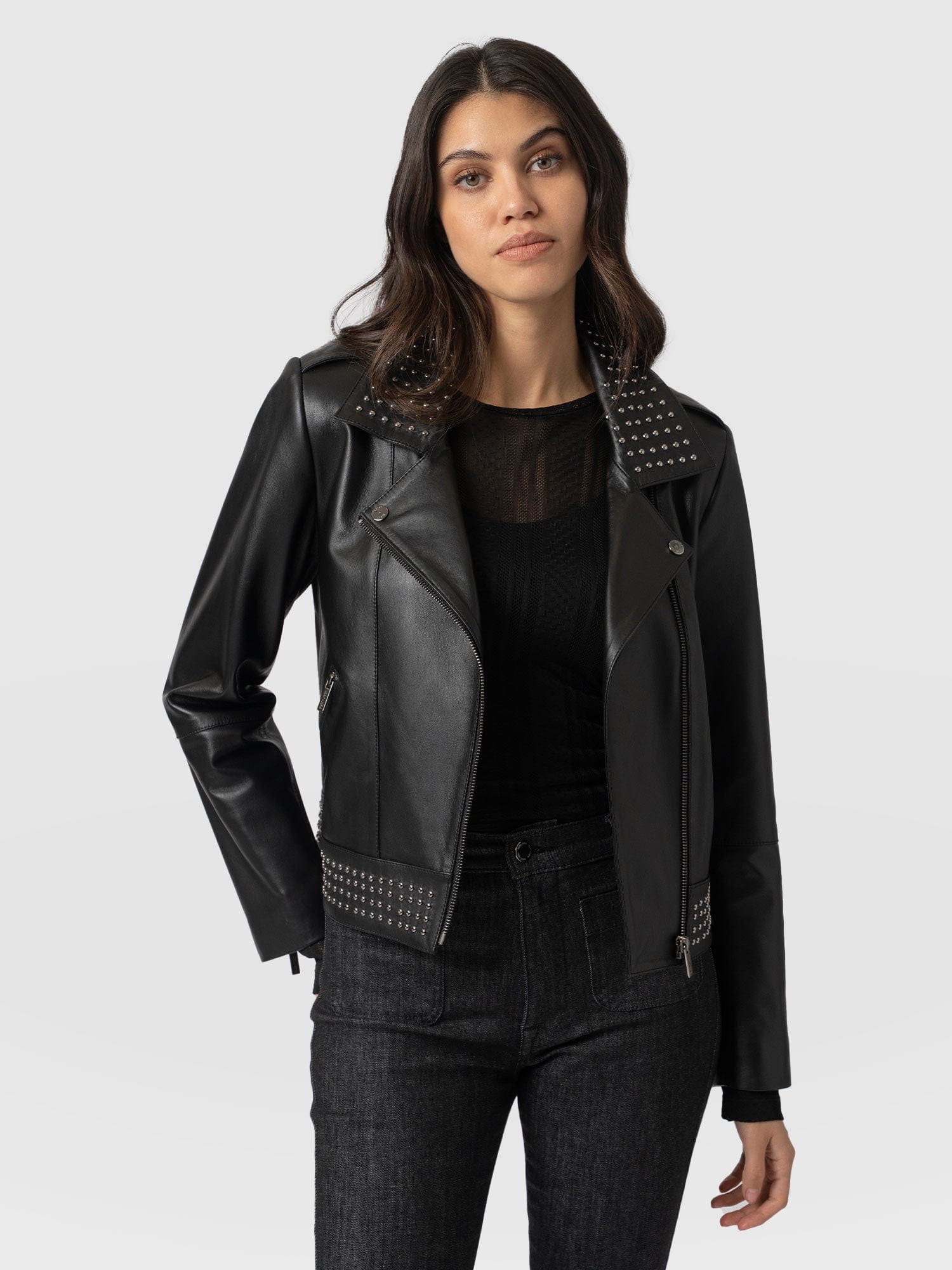 Bonham Studded Biker Jacket Black - Women's Leather Jacket | Saint + Sofia® UK