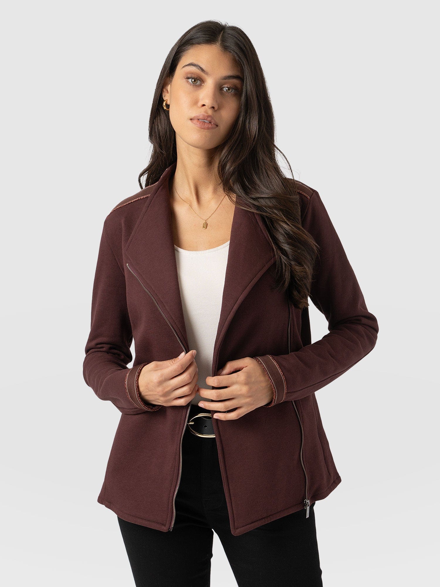 Cotton Biker Jacket - Maroon - Bronze Stripe - Women's Jackets | Saint + Sofia® UK