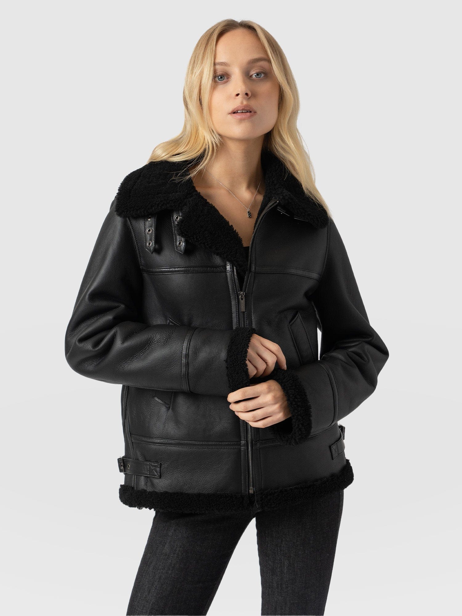 Amelia Aviator Jacket Black - Women's Leather Jackets | Saint + Sofia® UK