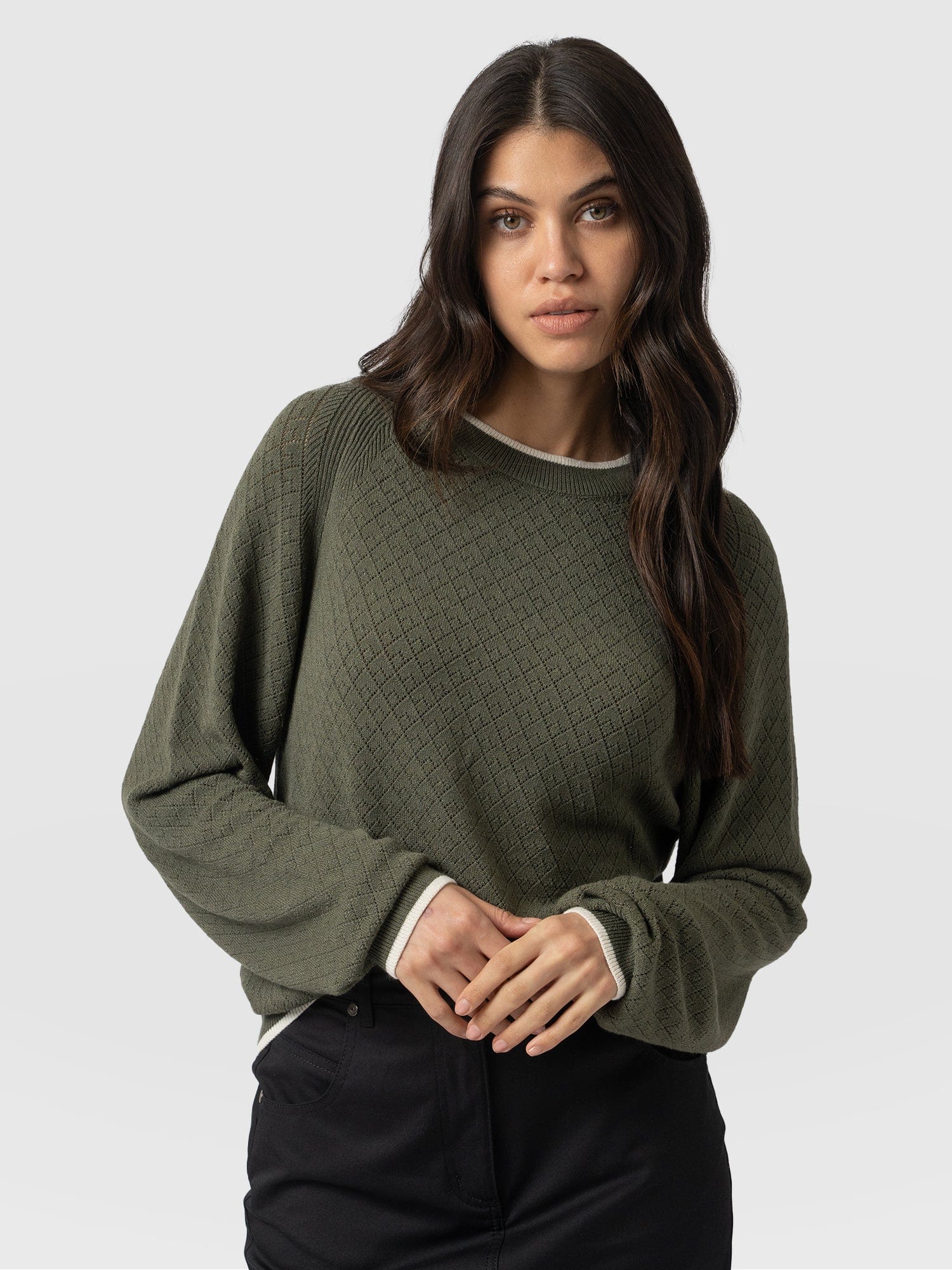 Diamond Knit Jumper Khaki - Women's Jumpers | Saint + Sofia® UK